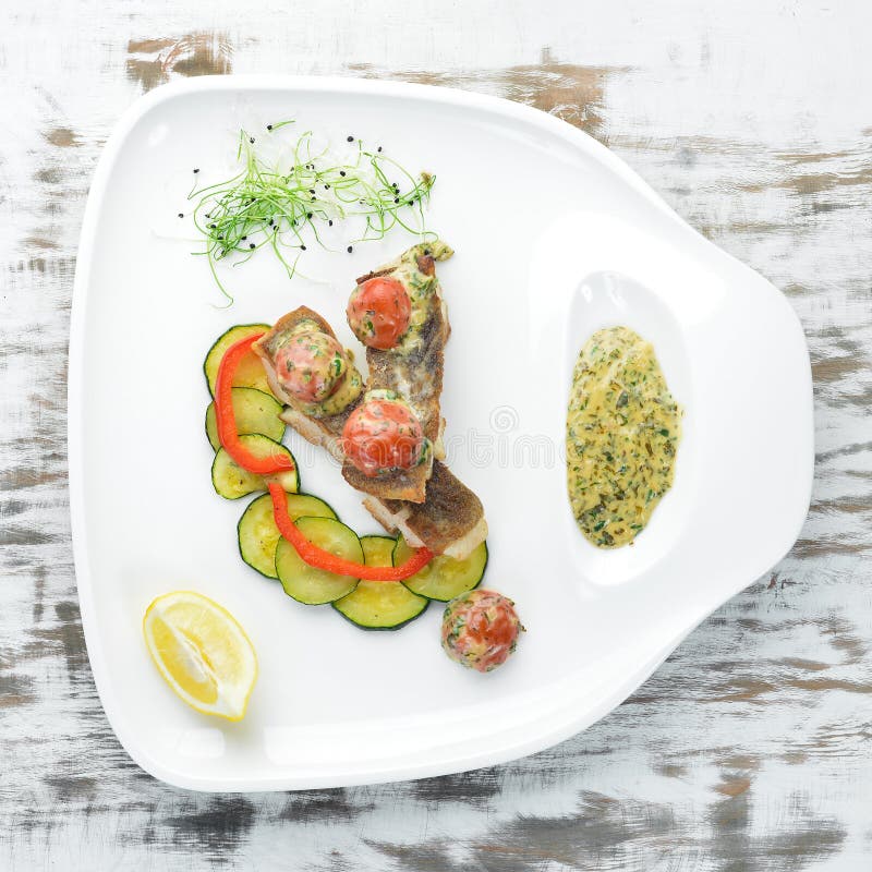 Baked Fish Fillet with Vegetables. Top View Stock Photo - Image of diet ...