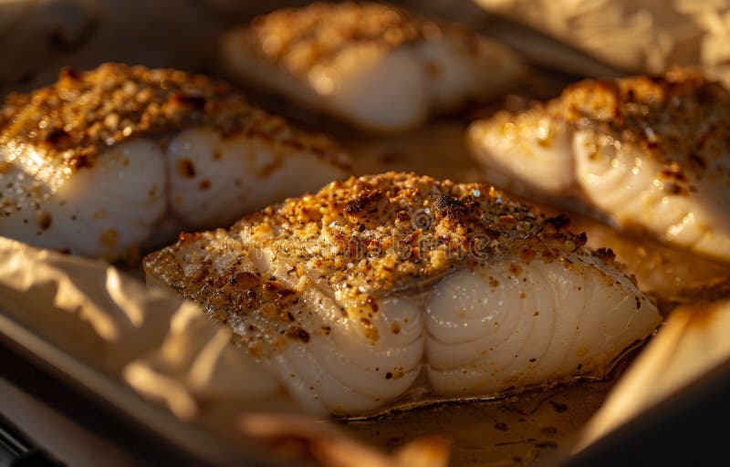 Baked Fish Fillets with Breadcrumbs on Baking Sheet Stock Image - Image ...