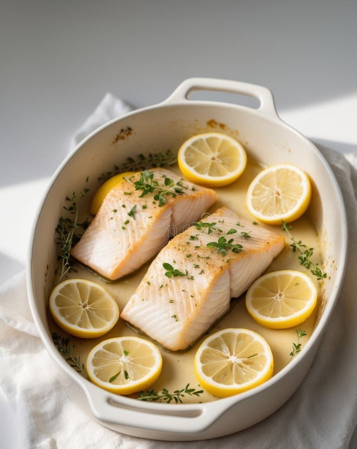 Baked Fish Fillets with Lemon and Herbs in Baking Dish Stock Image ...