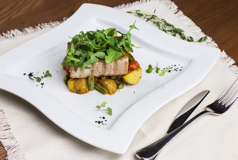 Baked Fish Fillets with Potatoes and Green Beans Stock Photo - Image of ...