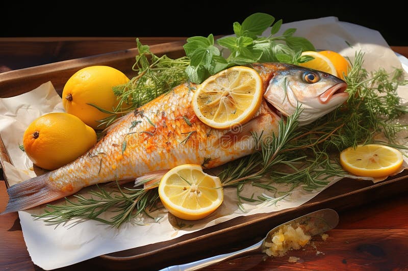 Baked Fish with Lemon. Serving Meals from the Chef Stock Illustration ...