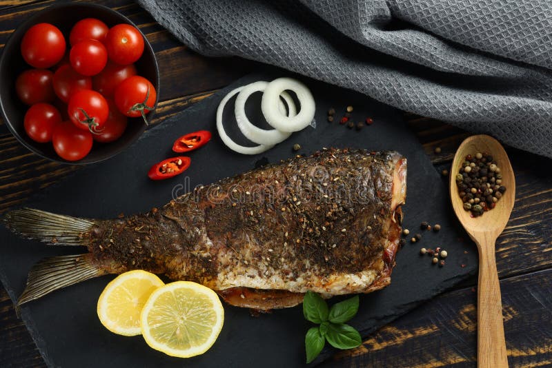 Baked Fish on the Table. Baked Carp Stock Photo - Image of carp, meal ...