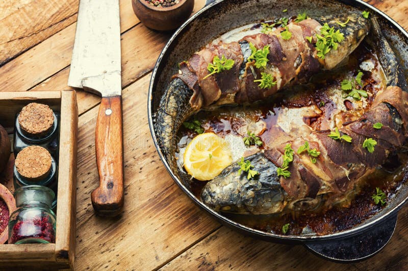 Baked Fish Wrapped in Bacon Stock Photo - Image of portion, tasty ...