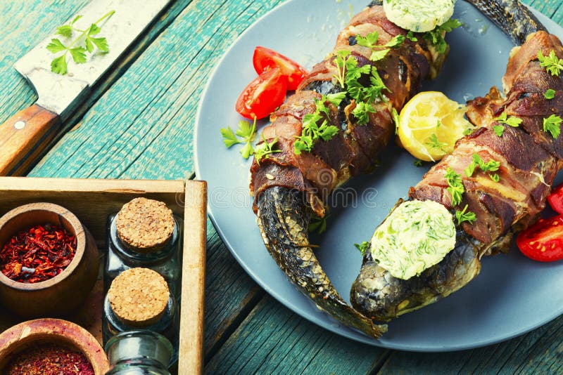 Baked Fish Wrapped in Bacon Stock Image - Image of seasoning, omega ...