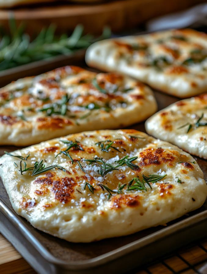 Baked Flatbread with Herbs and Cheese on a Tray. Stock Image - Image of ...