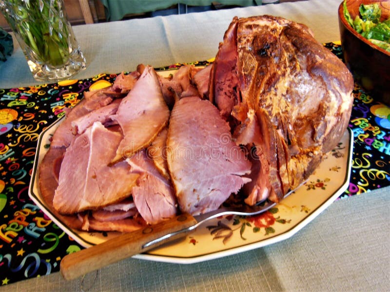 Baked Ham Sliced on a Plate with a Fork Stock Image - Image of food ...