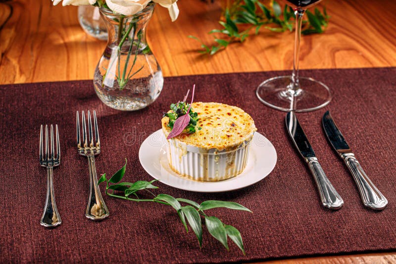 Baked Julienne Dish Served on Restaurant Table Stock Image - Image of ...