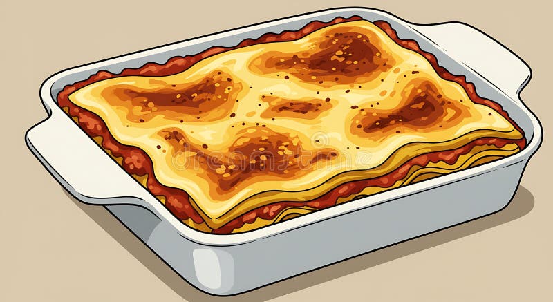 Baked Lasagna in a White Rectangular Dish, Illustrated in a Cartoon ...