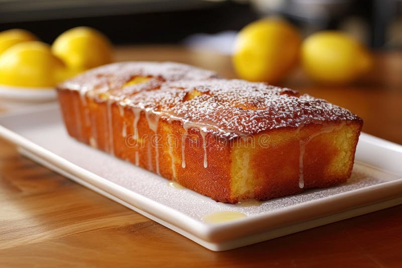 Baked Lemon Cake with Glazed and Powdered Sugar Serving on White Plate ...