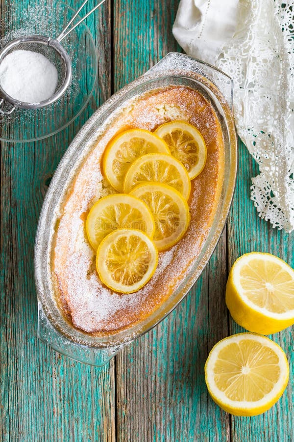 Baked lemon pudding stock image. Image of food, soufle - 81790567