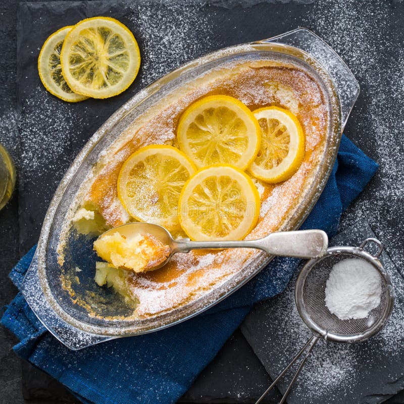 Baked lemon pudding stock image. Image of tasty, lemon - 81790715
