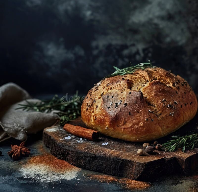 A Baked Loaf on a Wooden Board with Some Spices Stock Photo - Image of ...