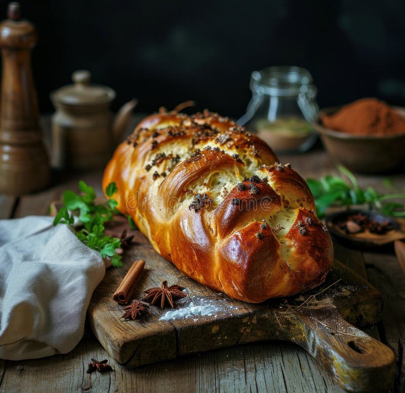 A Baked Loaf on a Wooden Board with Some Spices Stock Image - Image of ...