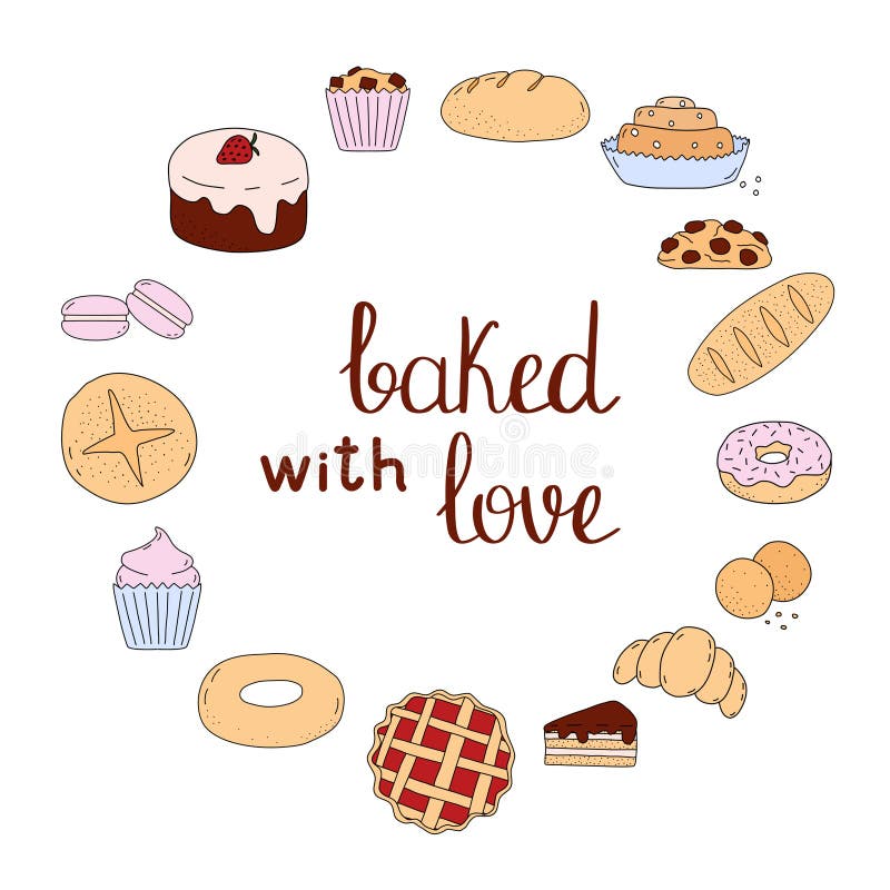 Baked with Love Lettering and Colourful Frame with Doodle Style Baked ...