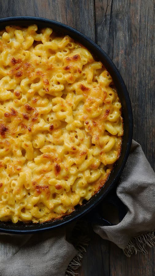 Baked Macaroni and Cheese in Skillet, Top-down Angle with Empty Corner ...