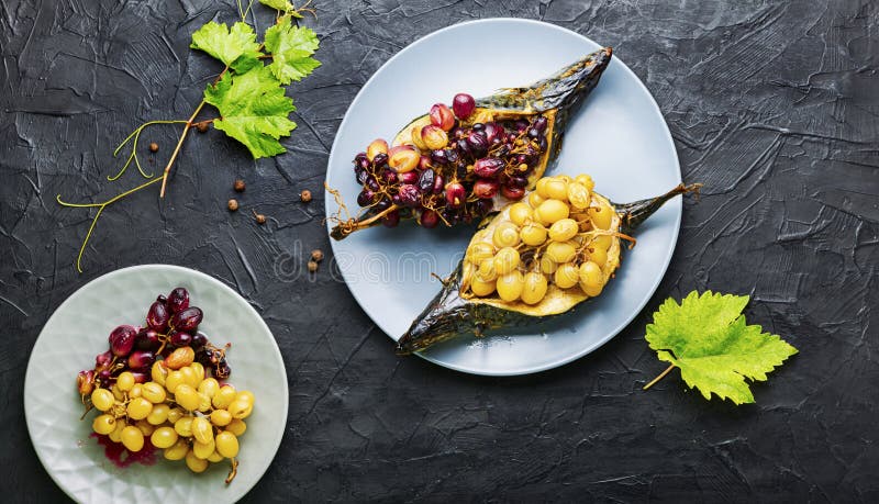 Baked Fish with Grape Sauce Stock Photo - Image of baking, seafood ...