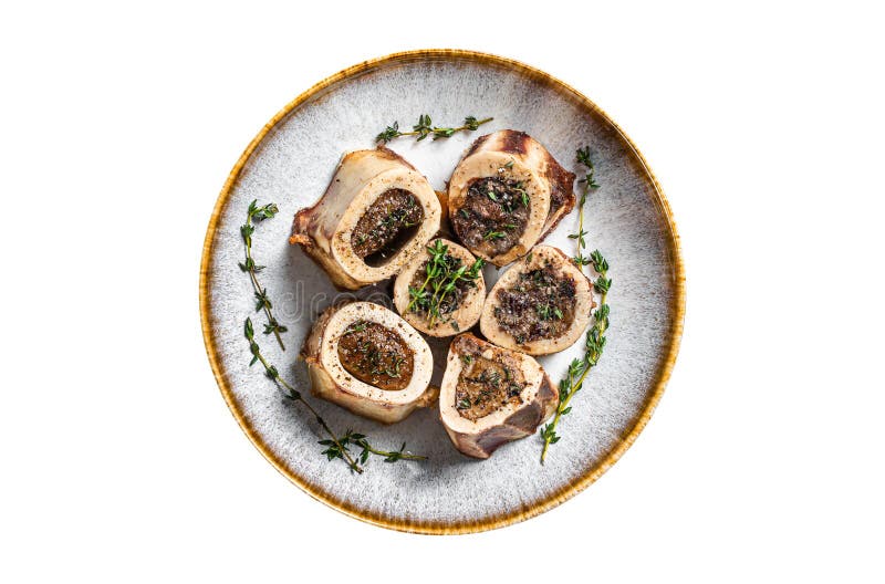 Baked Marrow Veal Beef Bones in Plate with Thyme and Herbs. Isolated ...
