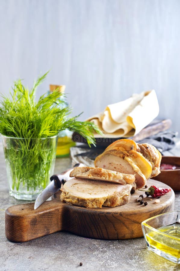 Baked Meat Roll with Spice on Wooden Board Stock Photo - Image of ...
