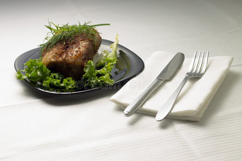 Baked Meat on Served Table with White Tablecloth Stock Image - Image of ...