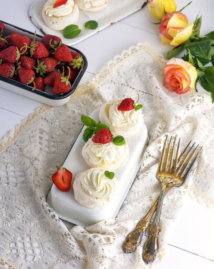 Baked Meringue with Cream and Fresh Strawberries Stock Image - Image of ...