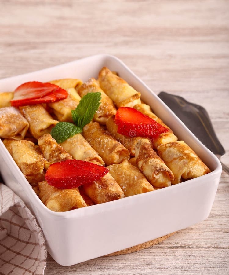 Baked Mini Crepes Rolls Filled with Cheese Stock Photo - Image of bake ...