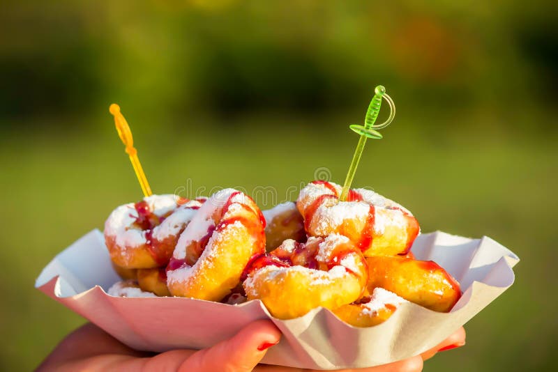 Baked Mini Donuts with Cherry Sauce Stock Photo - Image of snack ...