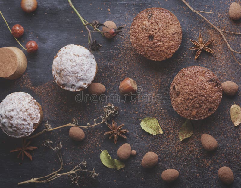 Baked Muffins on a Black Table, Top View Stock Photo - Image of baked ...