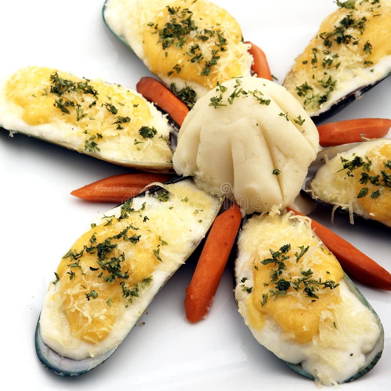 Baked mussel with cheese stock photo. Image of lunch - 12970022