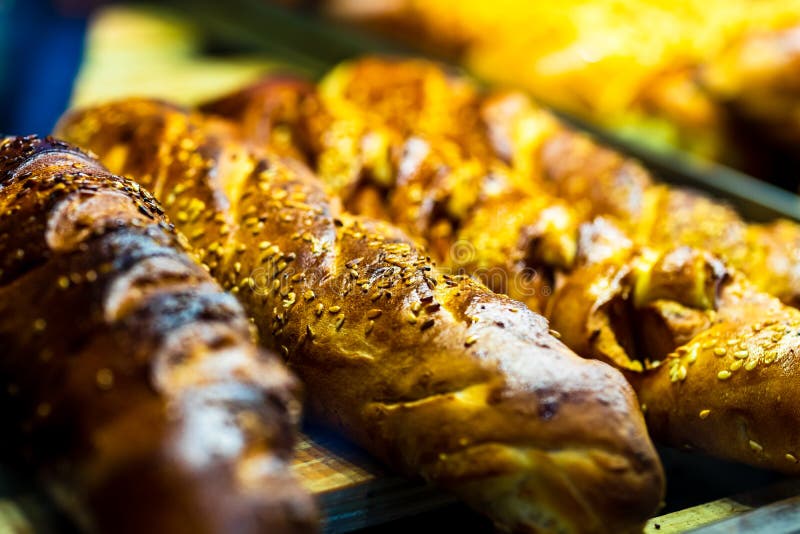Baked Pastry in a Bakery Window Display Stock Image - Image of drink ...