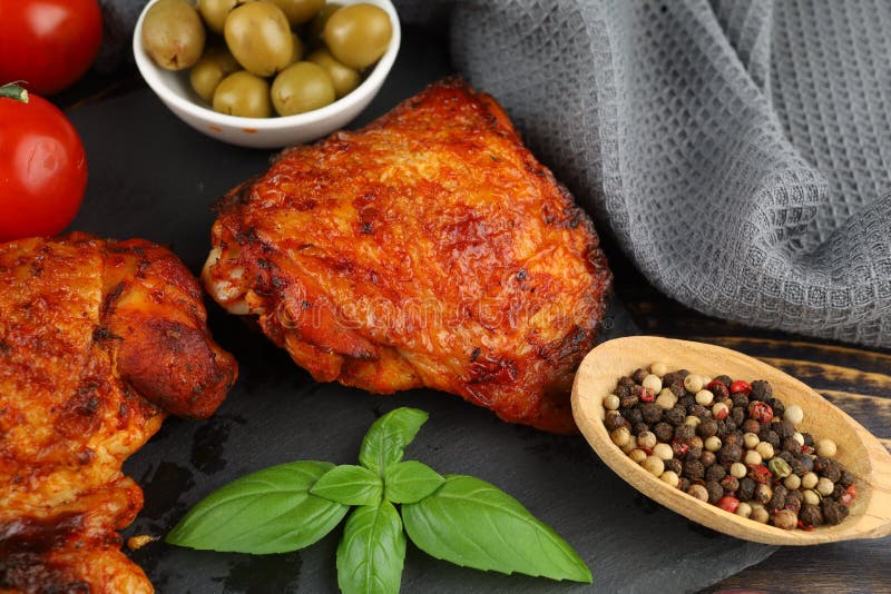 Baked Pieces of Chicken with Olives and Spices. Fried Chicken in a ...