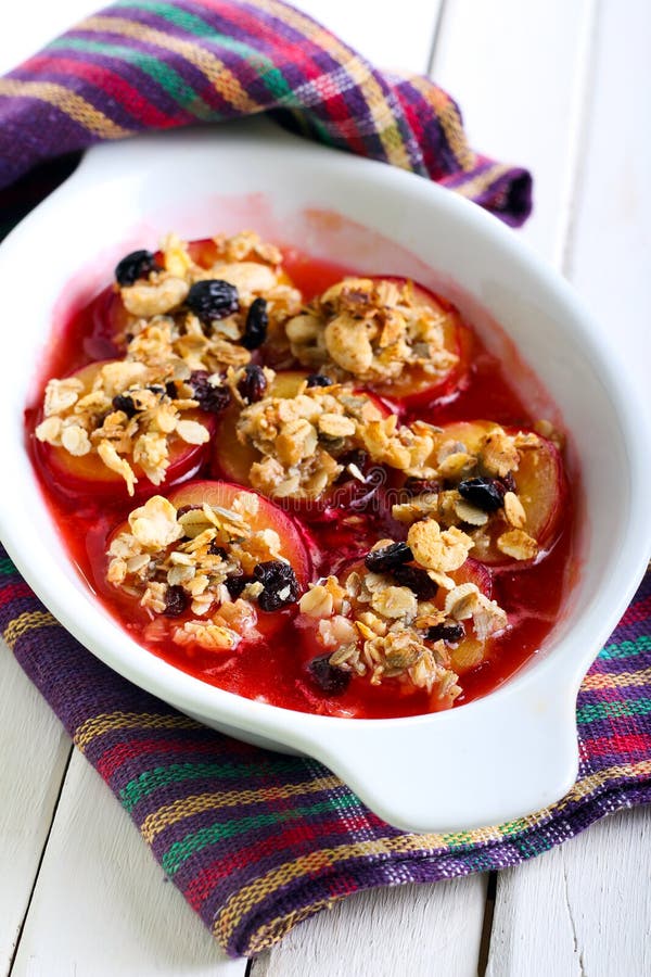 Baked Plums with Muesli Crumble Topping Stock Photo - Image of treat ...
