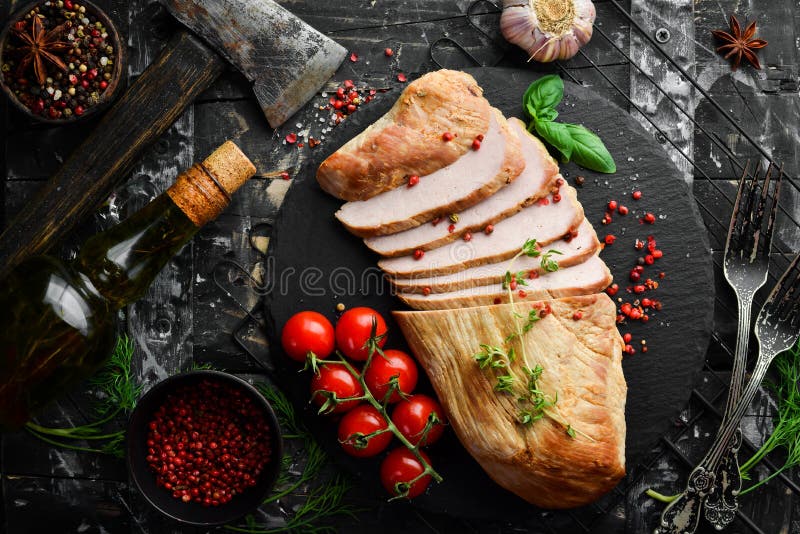 Baked Pork Meat with Spices. Top View Stock Photo - Image of baked ...