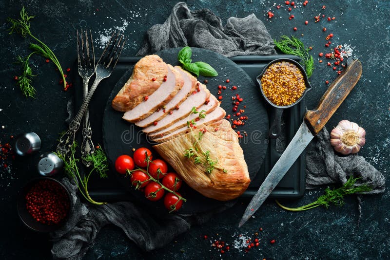 Baked Pork Meat with Spices. Top View Stock Photo - Image of wooden ...