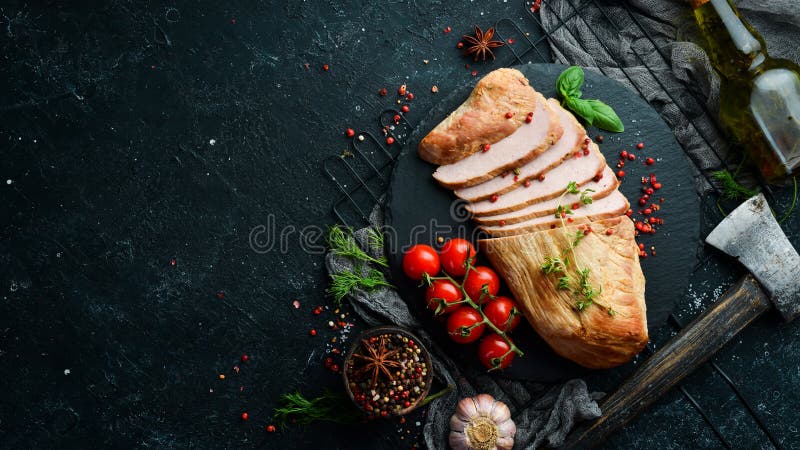 Baked Pork Meat with Spices. Top View Stock Photo - Image of black ...