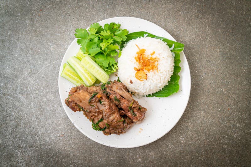 Baked Pork Ribs with Sauce stock image. Image of rice - 223676359