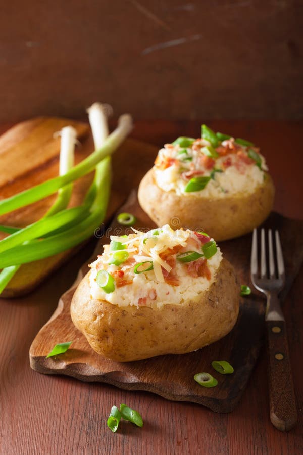 Baked Potato in Jacket with Bacon and Cheese Stock Photo - Image of ...