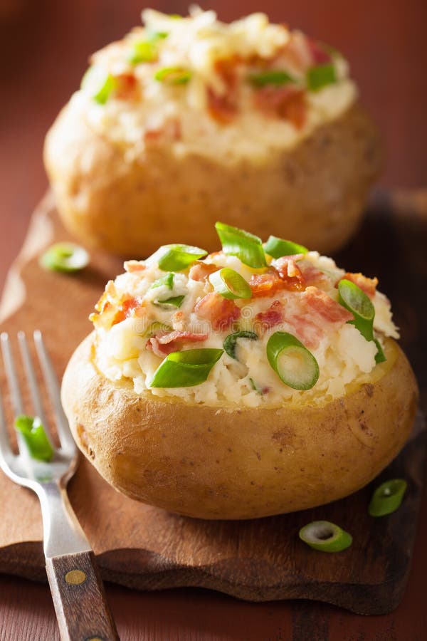 Baked Potato in Jacket with Bacon and Cheese Stock Photo - Image of ...