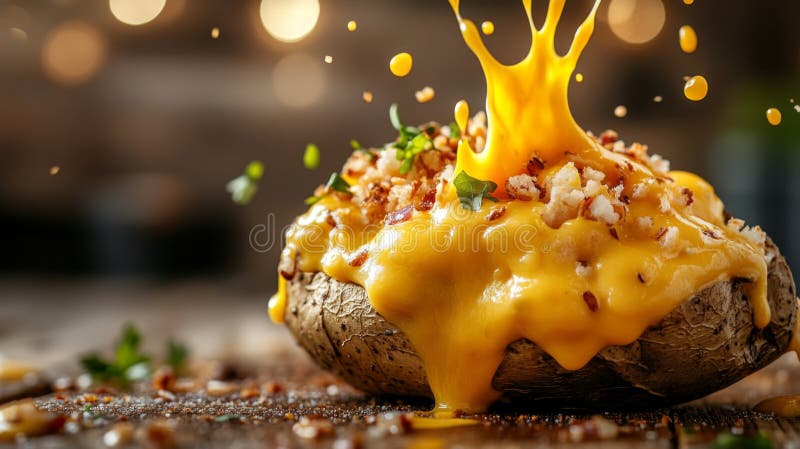 A Baked Potato Topped with Melted Cheese and Herbs, Splashed with ...