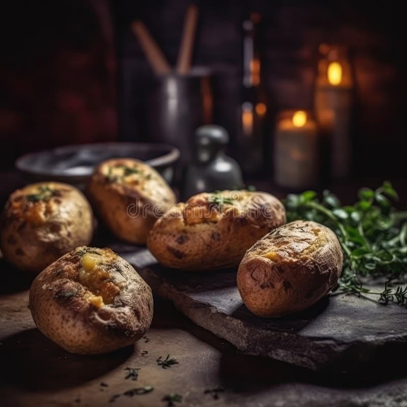 Baked Potatoes on Stone in Rustic Pub. Generative AI Stock Illustration ...