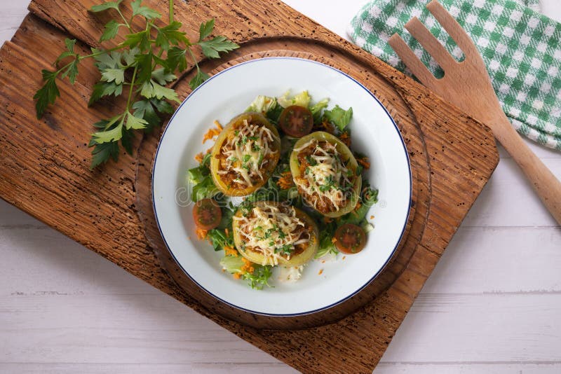 Baked Potatoes Stuffed with Meat and Baked in the Oven. Top View Table ...
