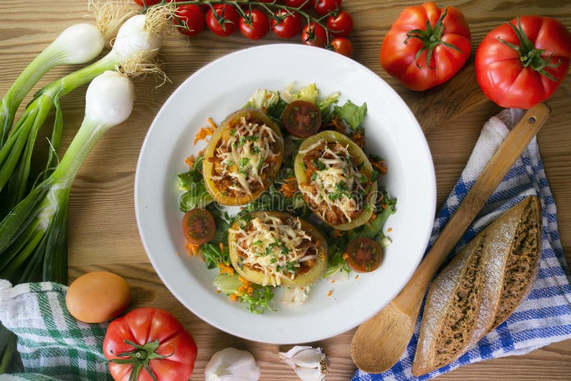 Baked Potatoes Stuffed with Meat and Baked in the Oven. Top View Table ...