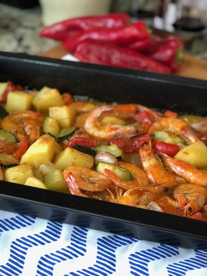 Baked Prawns with Vegetables Stock Image - Image of cooking, closeup ...