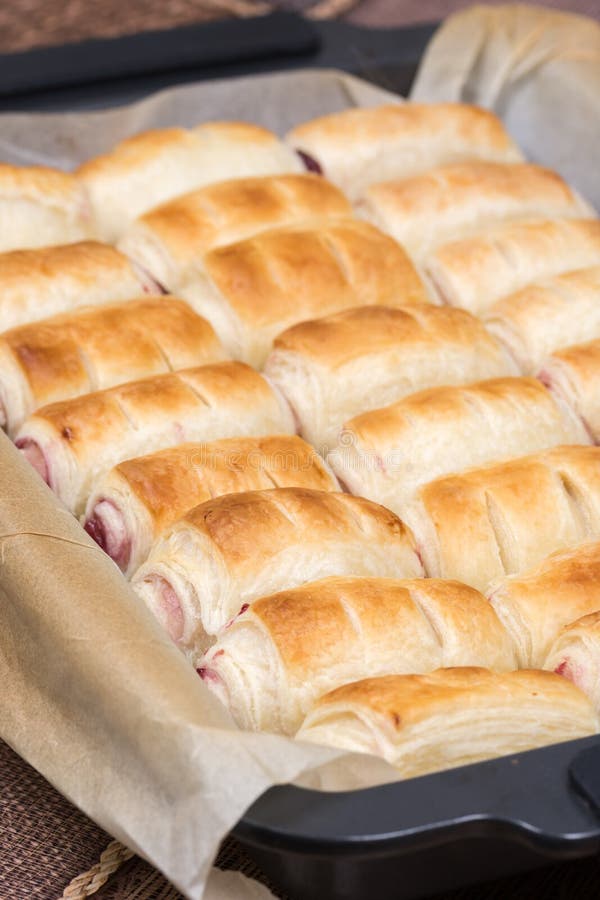 Baked Puff Pastry with Cherry Cream in the Baking Tray Stock Image ...