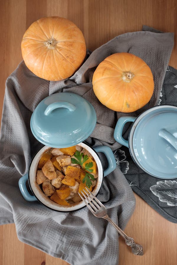 Baked pumpkin in a pot stock image. Image of orange - 122540545
