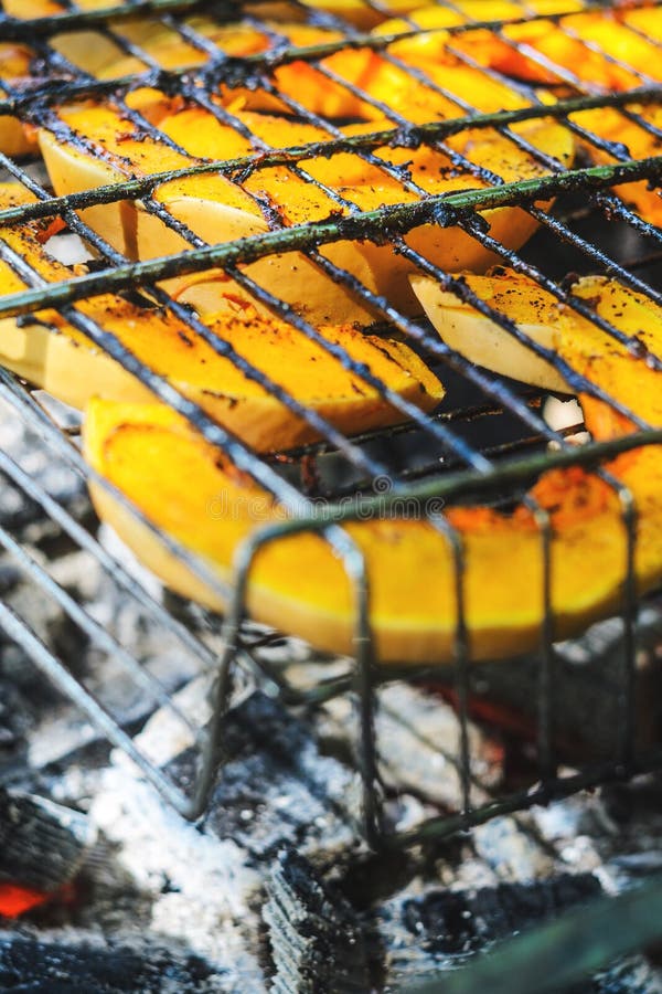 Baked Pumpkin Slices on the Grill Grid Stock Image - Image of juicy ...