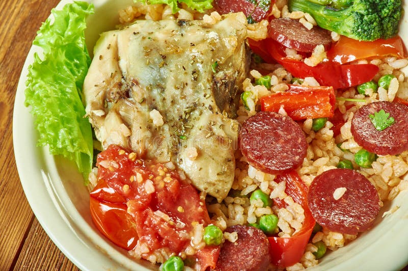 Baked rabbit chorizo rice stock photo. Image of food - 182452480