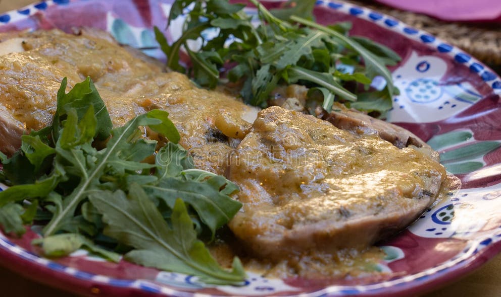 Baked Rabbit Roll with Arugula Dressing Stock Photo - Image of dish ...