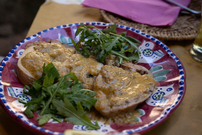 Baked Rabbit Roll with Arugula Dressing Stock Photo - Image of roll ...