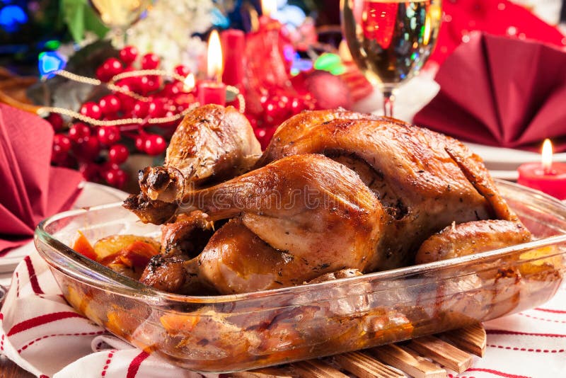 Baked or Roasted Whole Chicken on Christmas Table Stock Image - Image ...