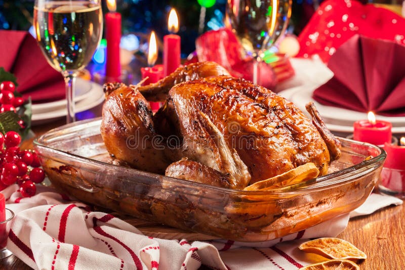 Baked or Roasted Whole Chicken on Christmas Table Stock Image - Image ...